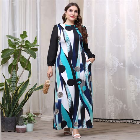 Plus Size Geometric Print Long Sleeve Maxi Dress Womens Plus Retro Long Dress Clothing Shoes