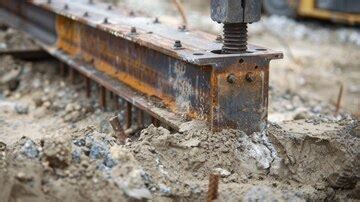 A Closeup Of A Pile Driver Pounding A Long Steel Beam Into The Ground