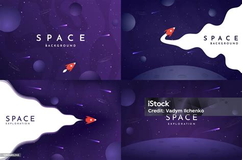 벡터 배경 집합입니다 우주 탐사 로켓코스모스 별과 보라색 우주 배경 화면 기프트 카드 커버 배너 초대장을 위한 템플릿입니다 웹