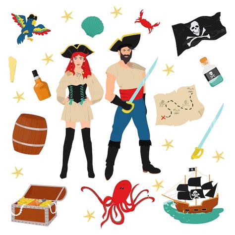 선장 바다늑대 소녀 배 보물 지도 럼주 프리미엄 벡터