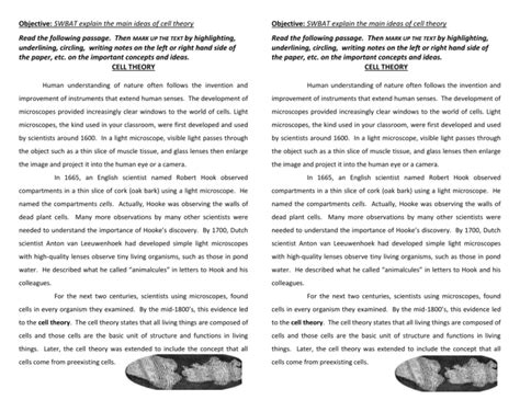 Objective SWBAT Explain The Main Ideas Of Cell Theory