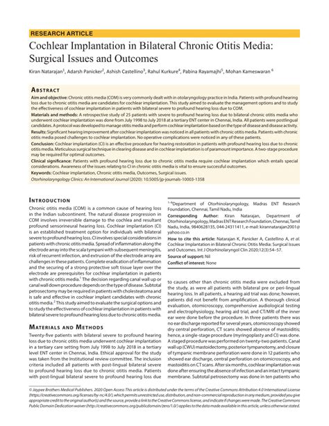 Pdf Cochlear Implantation In Bilateral Chronic Otitis Media Surgical Issues And Outcomes