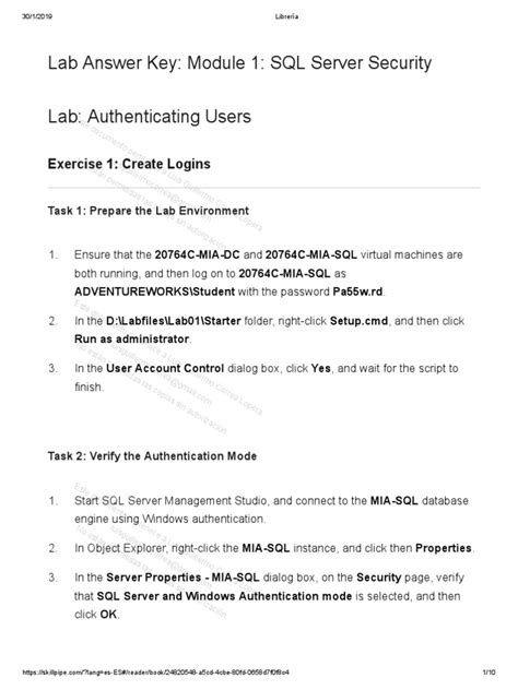 Lab Answer Key Module 1 Sql Server Security Lab Authenticating Users Pdf Information