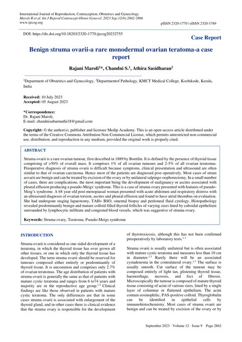 Pdf Benign Struma Ovarii A Rare Monodermal Ovarian Teratoma A Case Report