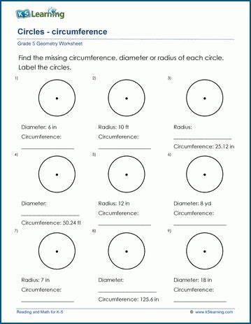 Grade 5 Geometry Worksheets Circumference Of Circles K5 Learning