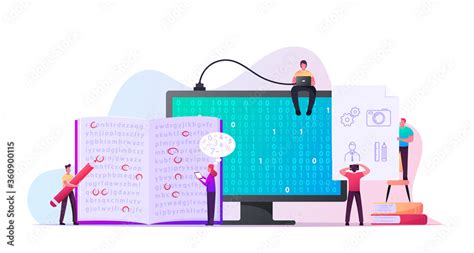 information coding concept tiny male and female characters at huge computer monitor with binary