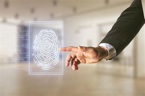 Premium Photo Man Hand Clicks On Abstract Virtual Fingerprint