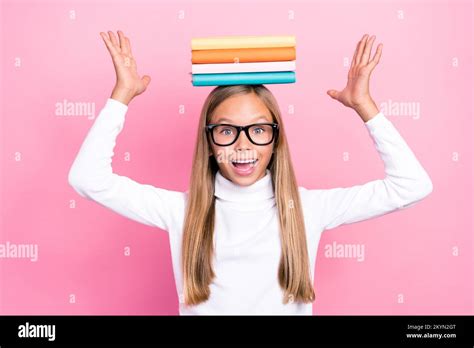 Portrait Of Funky Positive Girl Pile Stack Book Hold Head Toothy Smile