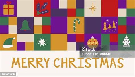 메리 크리스마스 유행 포스터 카드 배너 템플릿입니다 손으로 그린 벡터 일러스트 요소 글자 비문이 있는 다채로운 휴일 인사말 포스터 디자인 계절에 대한 스톡 벡터 아트 및