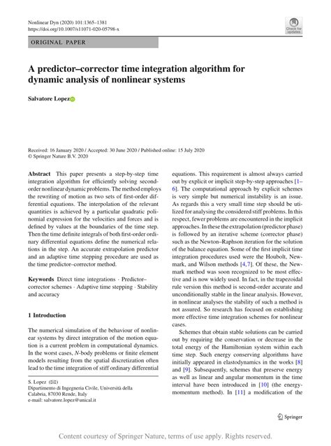 a predictor corrector time integration algorithm for dynamic analysis of nonlinear systems