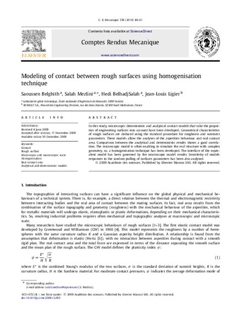 Pdf Modeling Of Contact Between Rough Surfaces Using Homogenisation Technique Jean Louis