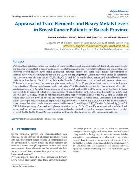 Pdf Appraisal Of Trace Elements And Heavy Metals Levels In Breast Cancer Patients Of Basrah