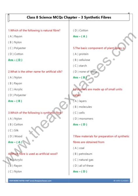 Class 8 Science MCQs In English PDF APEX CLASSES