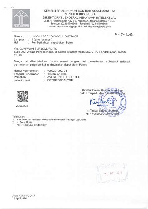 Patent Letters Issued In The Republic Of Indonesia