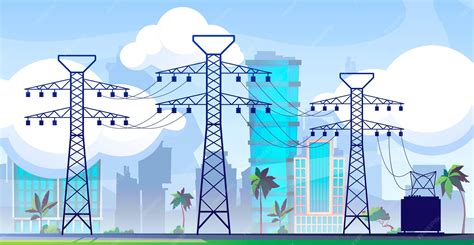 Premium Vector Electric Line With Pylons Grid Transmission System With Towers And Towers Power