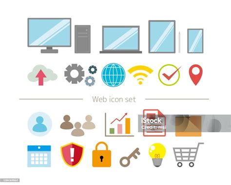 인터넷 개인용 컴퓨터의 벡터 일러스트레이션 아이콘 세트 쇼핑 카트에 대한 스톡 벡터 아트 및 기타 이미지 쇼핑 카트 테크놀로지 개체 그룹 Istock