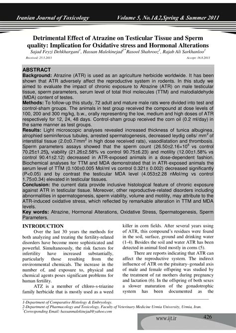 Pdf Detrimental Effect Of Atrazine On Testicular Tissue And Sperm Quality Implication For