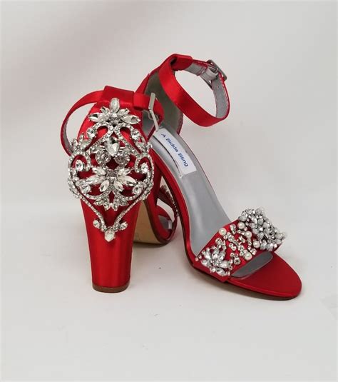 Red Chunky Heels Over 100 Colors Red Bridal Sandals Rhinestone And