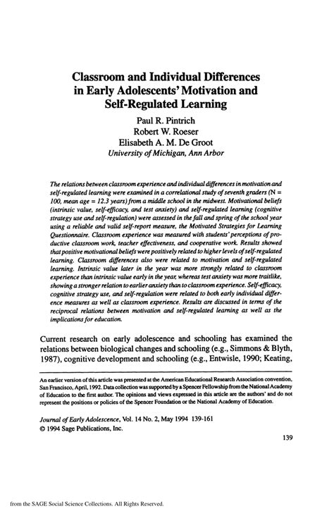 Pdf Classroom And Individual Differences In Early Adolescents Motivation And Self Regulated