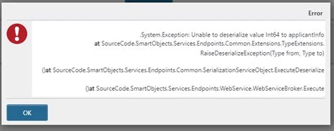 Systemexception Unable To Deserialize Value Int64 To Smartobjectname