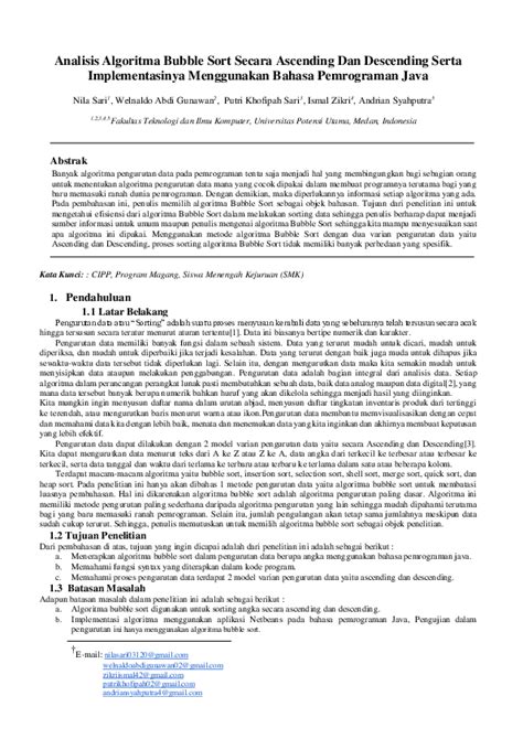 Pdf Analisis Algoritma Bubble Sort Secara Ascending Dan Descending