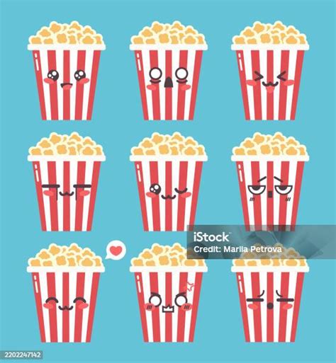 만화 스타일 이모티콘이 있는 귀여운 팝콘 통 캐릭터 아이콘 팝콘 만화 마스코트 이모티콘 세트 벡터 일러스트 레이 션 Animejapan에 대한 스톡 벡터 아트 및 기타