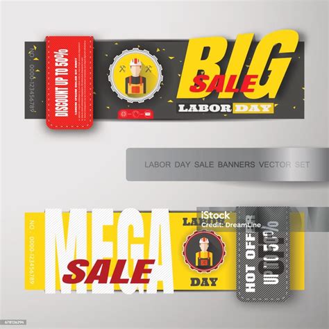 종이에서 잘라 기어 레이블이 해피 노동 주 크고 메가 판매 배너 그라데이션 회색 바탕에 빨간색과 회색 리본 벡터 집합입니다 3