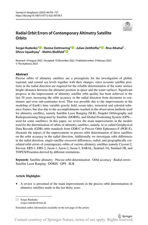 Pdf Radial Orbit Errors Of Contemporary Altimetry Satellite Orbits