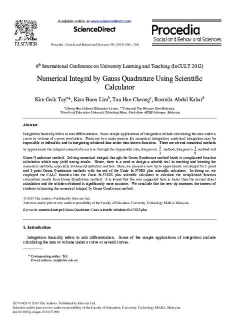 Pdf Numerical Integral By Gauss Quadrature Using Scientific Calculator