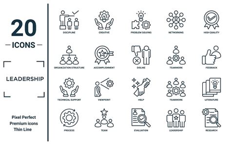 리더십 선형 아이콘 세트입니다 얇은 선 규율 조직 구조 기술 지원 프로세스 연구 싫어요 보고서 프리젠 테이션 다이어그램 웹