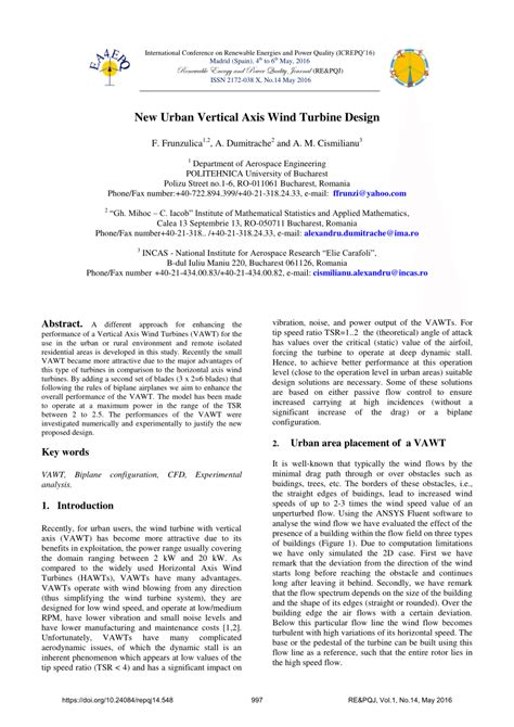 Pdf New Urban Vertical Axis Wind Turbine Design