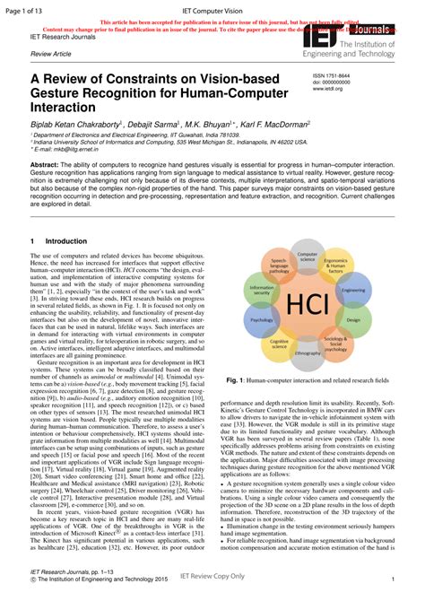 Pdf A Review Of Constraints On Vision Based Gesture Recognition For Human Computer Interaction