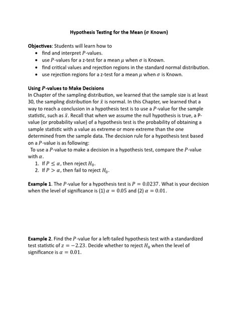 Hypothesis Testing For The Mean σ Known Pdf Hypothesis Methodology