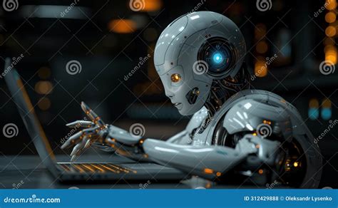 Humanoid Robot Working On A Computer Stock Illustration Illustration
