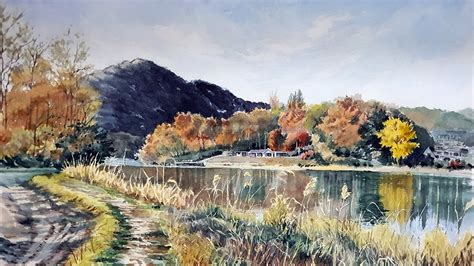 수채화 작품 단풍나무 산과 강 갈대 논길 풍경 그림 그리기 Youtube