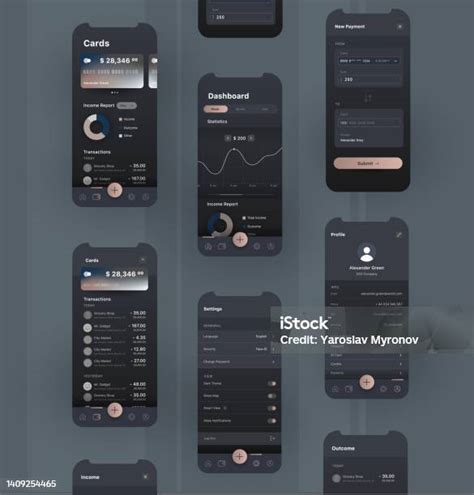 전갑 또는 온라인 뱅킹 응용 프로그램을위한 사용자 인터페이스 디자인 차트 전환 및 은행 계좌 카드가있는 현대적인 어두운 레이아웃 Brand Name Smart Phone에