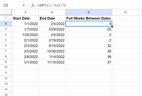 Google Sheets Calculate The Number Of Weeks Between Dates