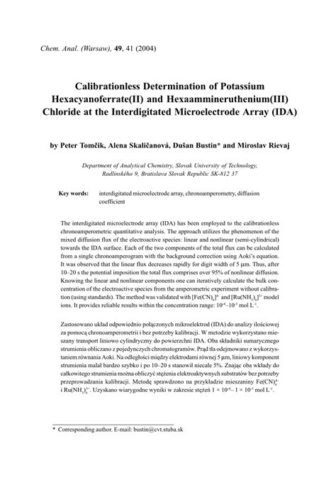 Pdf Calibrationless Determination Of Potassium Hexacyanoferrate Ii And Hexaammineruthenium