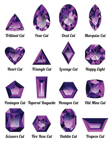 Set Of Realistic Amethysts With Complex Cuts Stock Illustration