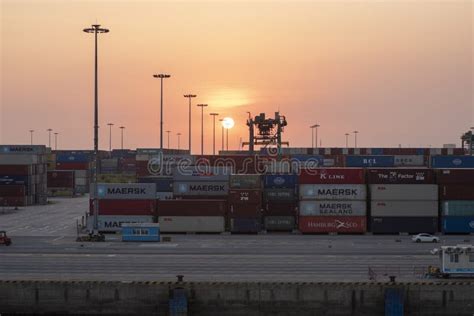Industrial Sunset Over The Container Terminal Editorial Photo Image Of Cargo Dusk 276265496