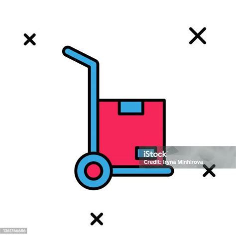 흰색 배경에 격리 된 윤곽 선자 손 트럭과 상자 아이콘 돌리 기호 벡터 가득 찬에 대한 스톡 벡터 아트 및 기타 이미지 가득