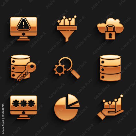 Set Magnifying Glass And Gear Pie Chart Infographic Server Data Web Hosting Monitor With