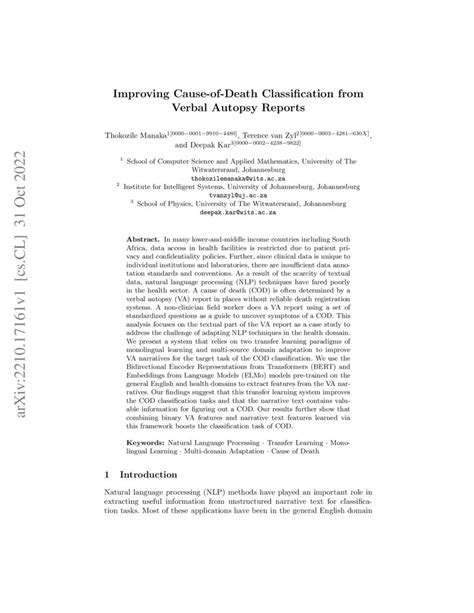 Improving Cause Of Death Classification From Verbal Autopsy Reports Deepai