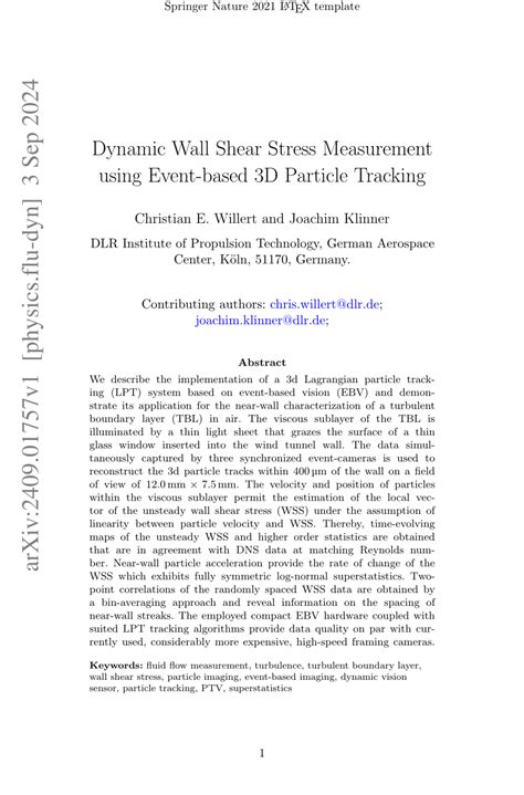 Pdf Dynamic Wall Shear Stress Measurement Using Event Based 3d Particle Tracking