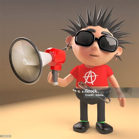메가 폰 라우드 하일러 3d 일러스트를 사용하여 재미있는 만화 펑크 로커 캐릭터 3차원 형태에 대한 스톡 사진 및 기타 이미지 3차원 형태 공격성 디자인 Istock