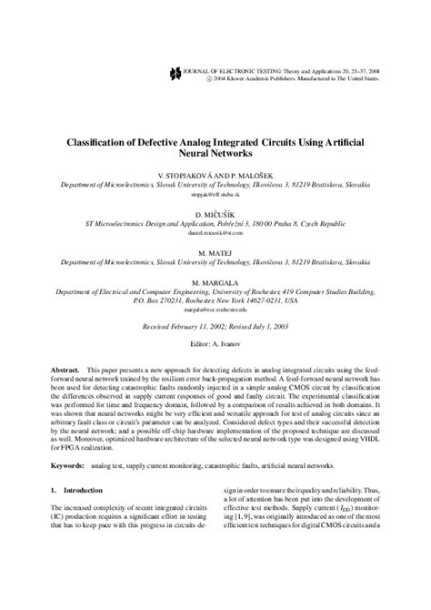 Pdf Classification Of Defective Analog Integrated Circuits Using Artificial Neural Networks