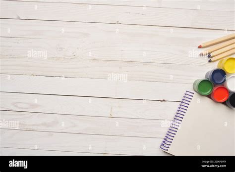 Watercolor Paint Notepad Painting Tools Wooden Background Stock Photo