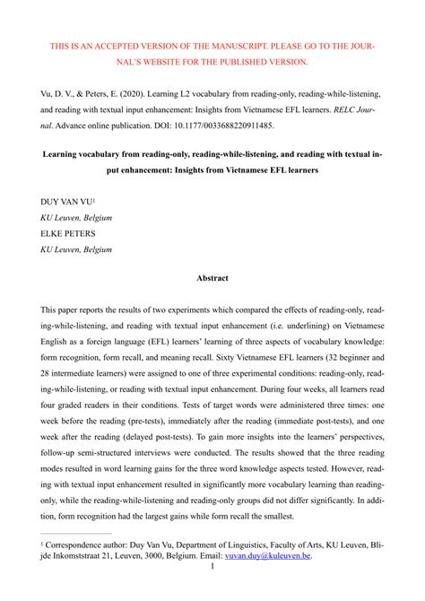 Pdf Learning Vocabulary From Reading Only Reading While Listening And Reading With Textual