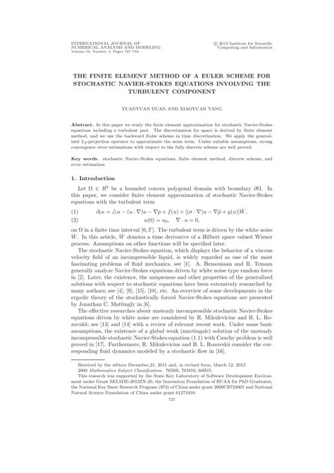 Global Science Press The Finite Element Method Of A Euler Scheme For Stochastic Navier Stokes