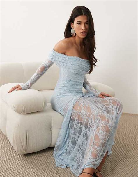 Asos Design Lace Off The Shoulder Long Sleeve Maxi Dress In Blue Asos
